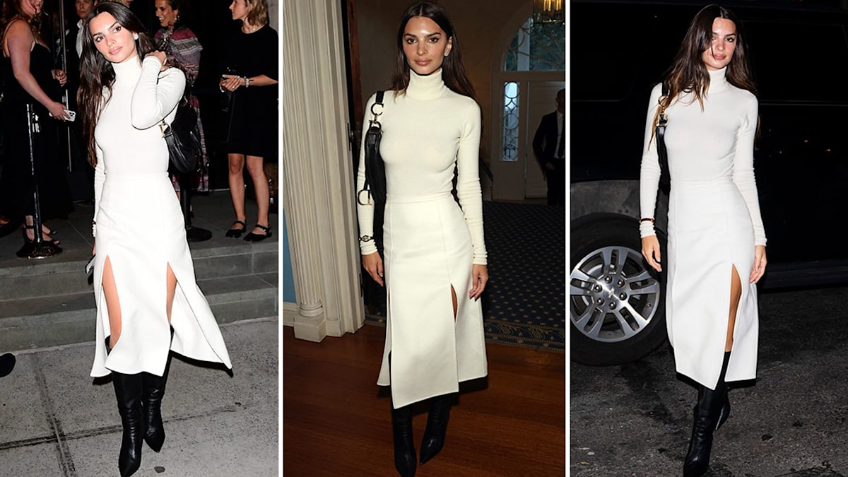 Emily Ratajkowski dons double-split skirt and knee-high boots for ...