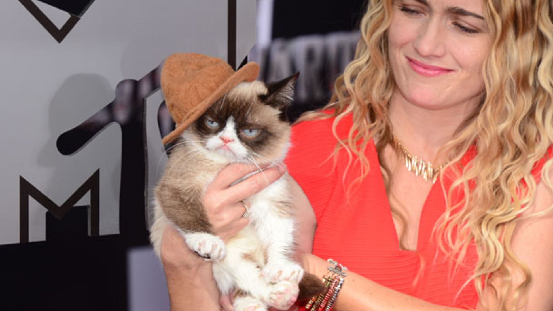 Grumpy Cat wears Pharrell's Vivienne Westwood hat on MTV Movie Awards ...