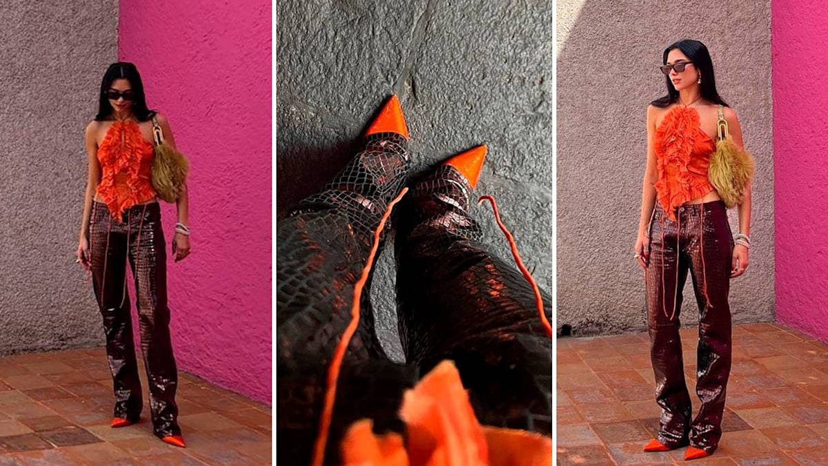 Dua Lipa is a Y2K dream in glossy low-waisted trousers and an ultra-fluffy handbag – see photos ...