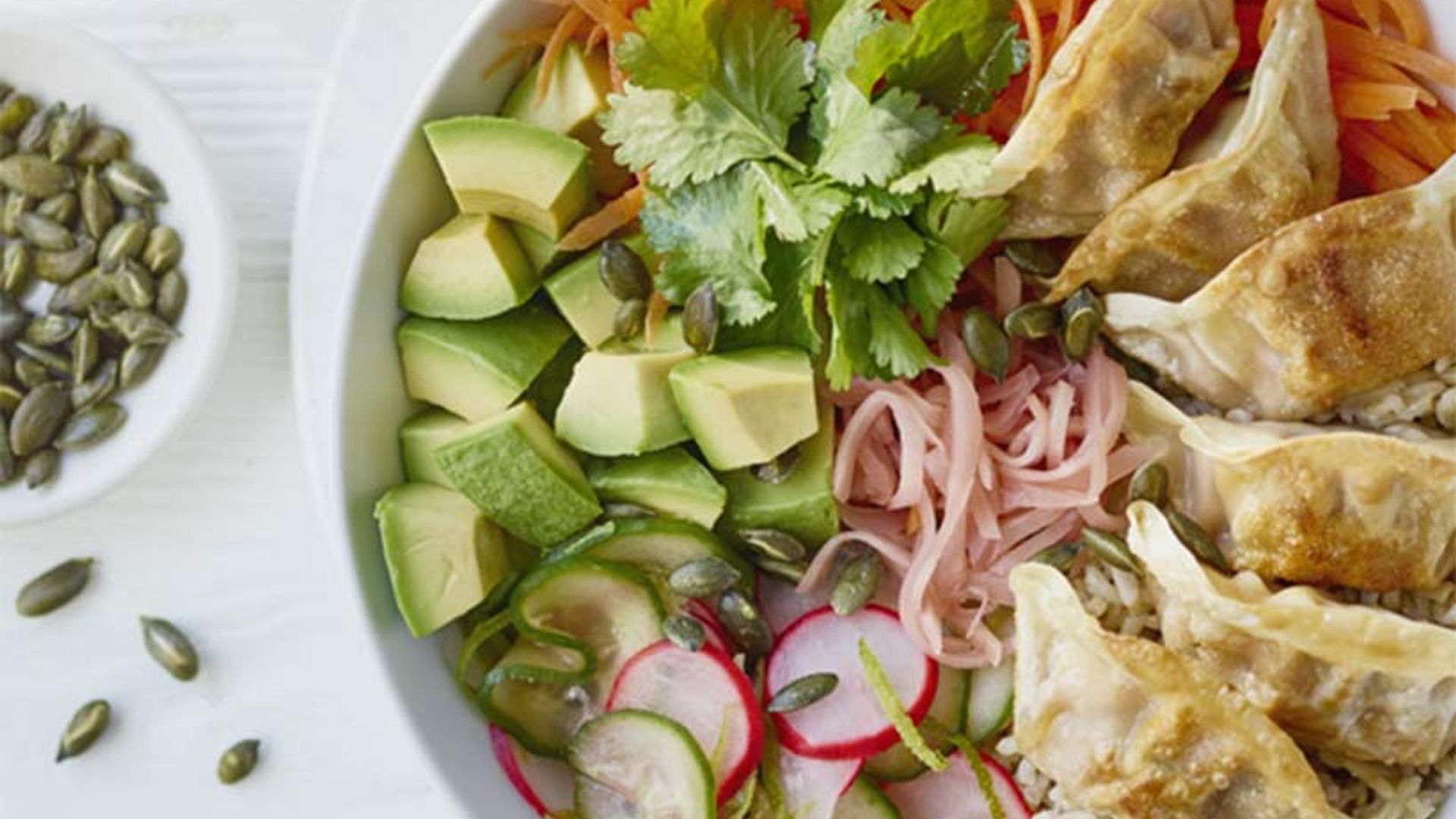 Itsu brown rice Buddha bowl with crispy sesame tuna gyoza recipe | HELLO!