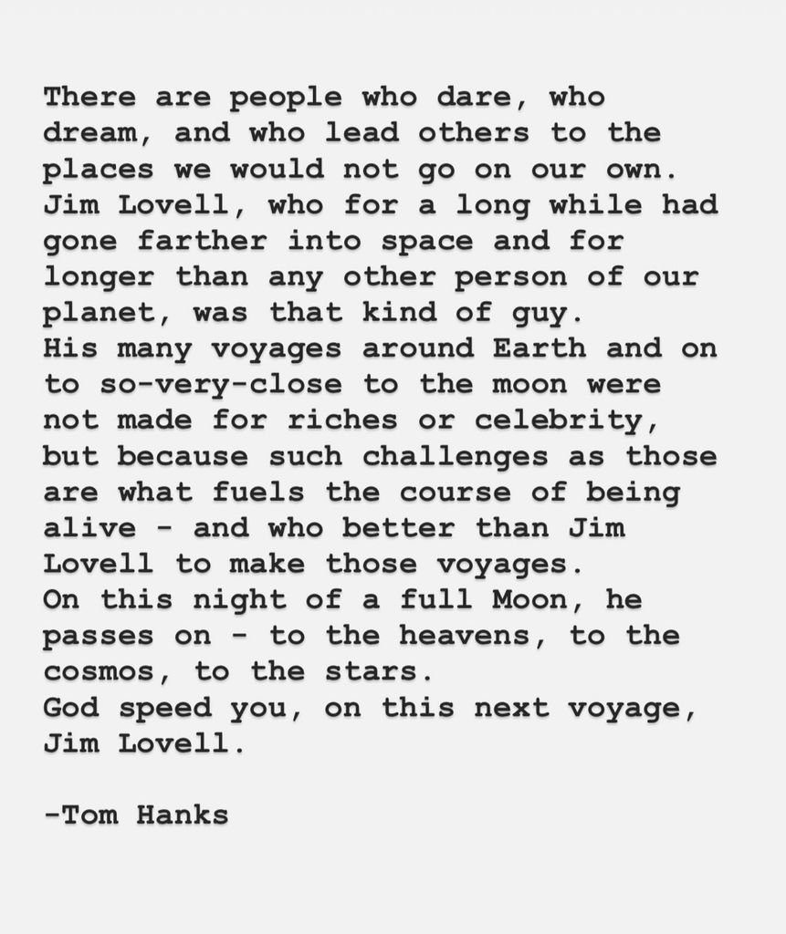 Tom Hanks honors late Apollo 13 astronaut Jim Lovell with emotional tribute | HELLO!