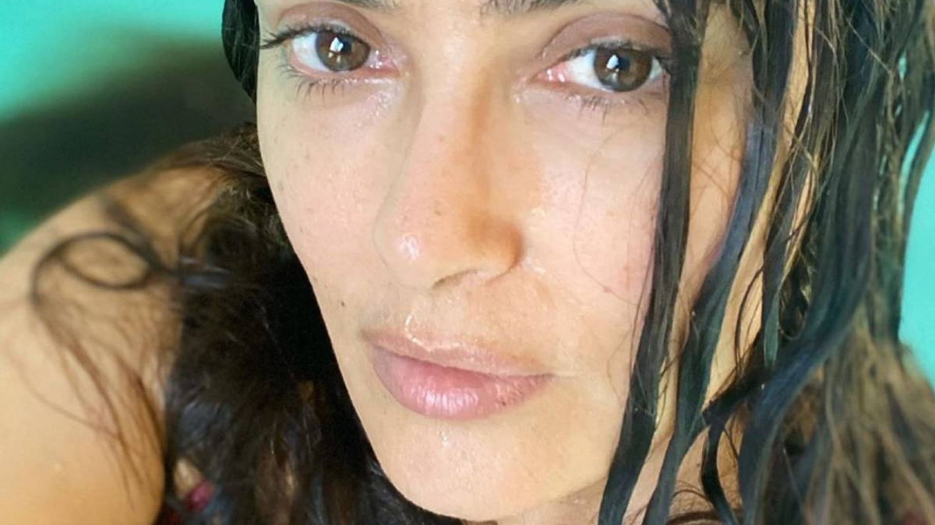 Salma Hayek Stuns In Blue Swimsuit And Embraces Her Natural Hair In Dreamy Beach Photo Hello