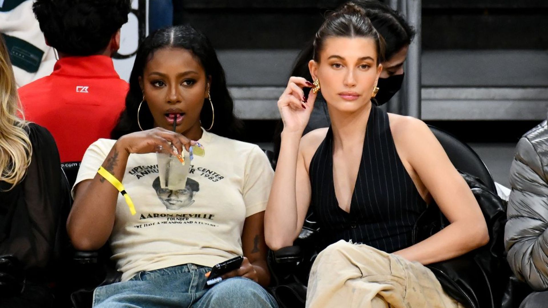 Hailey Bieber courtside style nails wearing three vintage trends at ...