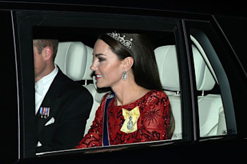 Kate Middleton and Camilla sparkle in tiaras hours before Harry and Meghan's red carpet ...