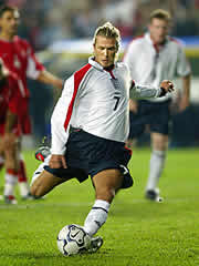 david beckham, Becks takes aim with free kick logo | HELLO!